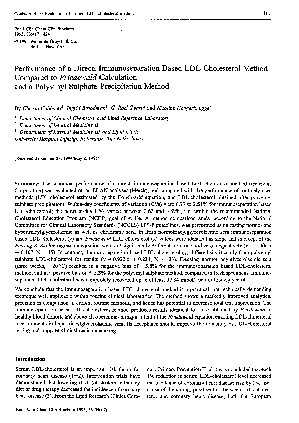 (PDF) Performance of a Direct, Immunoseparation Based LDL-Cholesterol ...