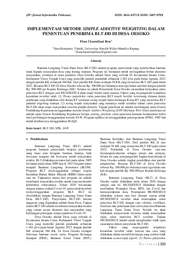 (PDF) IMPLEMENTASI METODE SIMPLE ADDITIVE WEIGHTING DALAM PENENTUAN ...