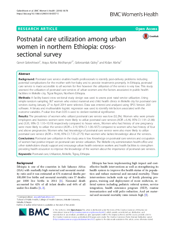 (PDF) Postnatal care utilization among urban women in northern Ethiopia: cross-sectional survey