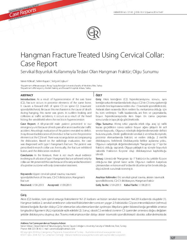 (PDF) Hangman Fracture Treated Using Cervical Collar: Case Report