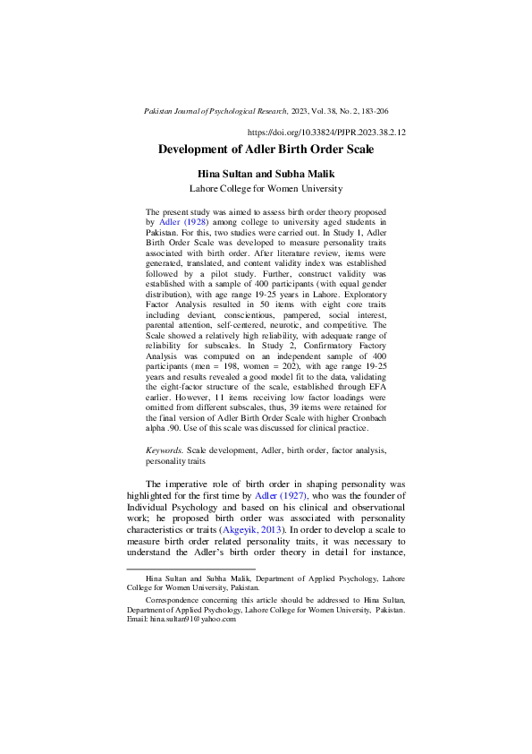 (PDF) Development of Adler Birth Order Scale