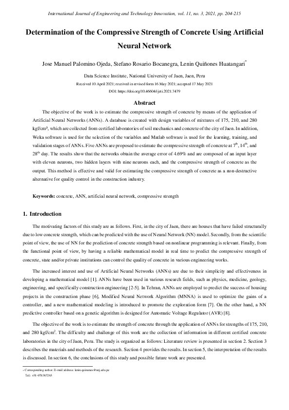 (PDF) Determination of the Compressive Strength of Concrete Using Artificial Neural Network