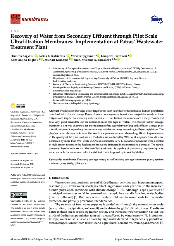(PDF) Recovery of Water from Secondary Effluent through Pilot Scale ...