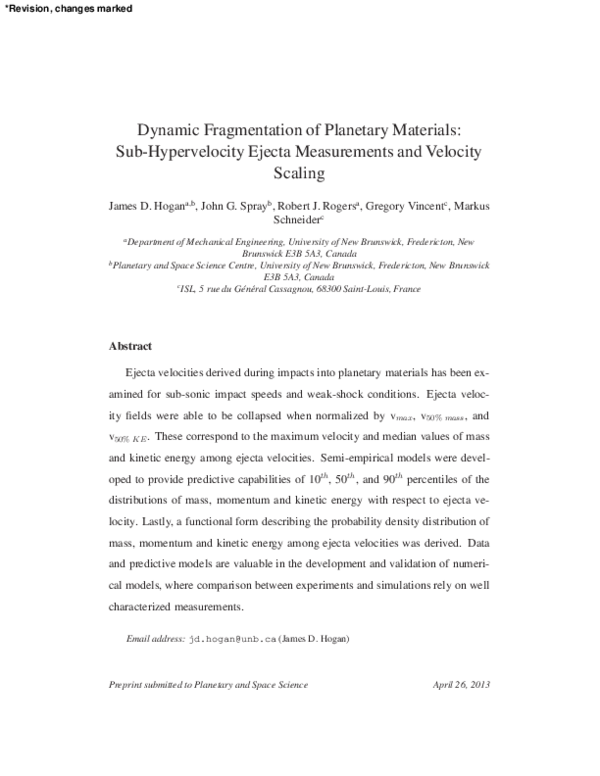 (PDF) Dynamic Fragmentation of Planetary Materials: Sup-Hypervelocity Ejecta Measurements and ...