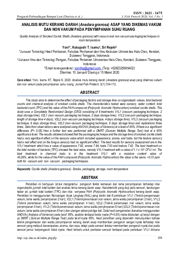 (PDF) ANALISIS MUTU KERANG DARAH (Anadara granosa) ASAP YANG DIKEMAS ...