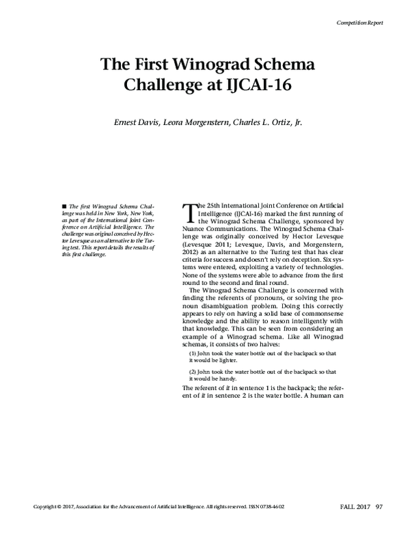 (PDF) The First Winograd Schema Challenge at IJCAI‐16