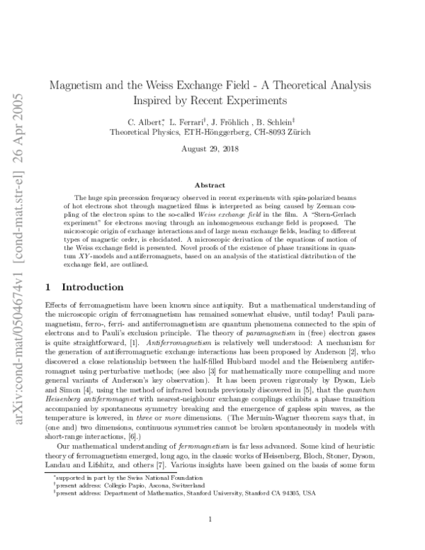 (PDF) Magnetism and the Weiss Exchange Field-A Theoretical Analysis Motivated by Recent Experiments