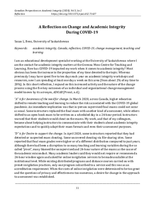 (PDF) A reflection on change and academic integrity during COVID-19
