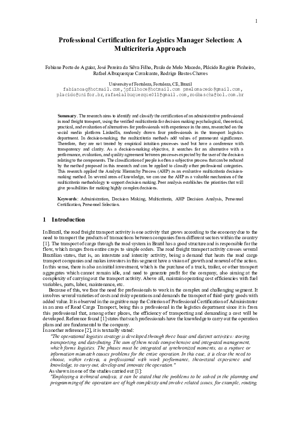 (PDF) Professional Certification for Logistics Manager Selection: A ...