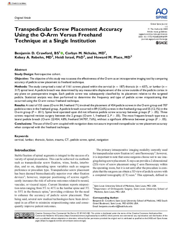 (PDF) Transpedicular Screw Placement Accuracy Using the O-Arm Versus ...