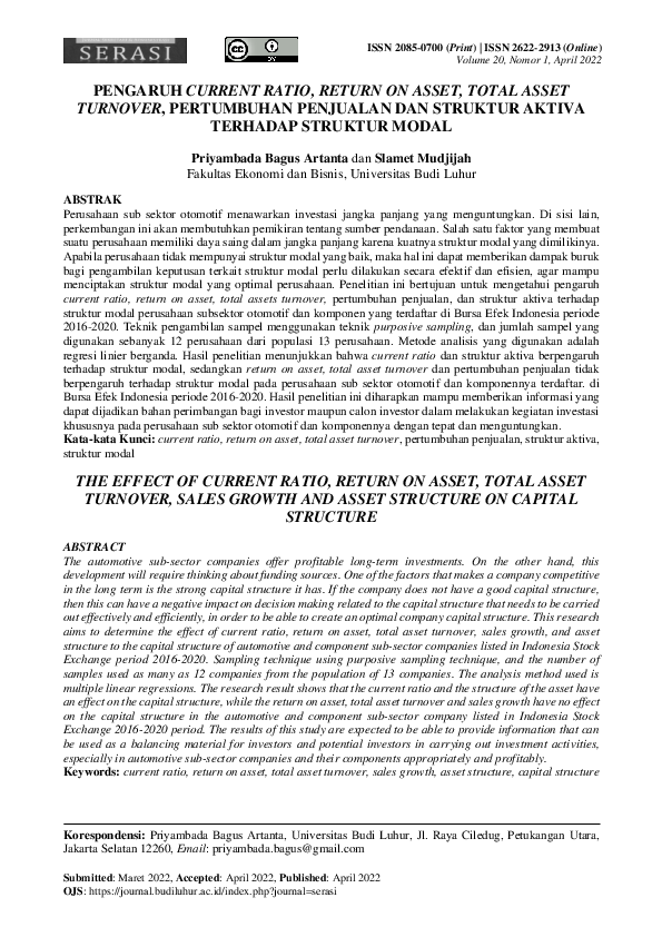 (PDF) Pengaruh Current Ratio, Return on Asset, Total Asset Turnover, Pertumbuhan Penjualan dan ...