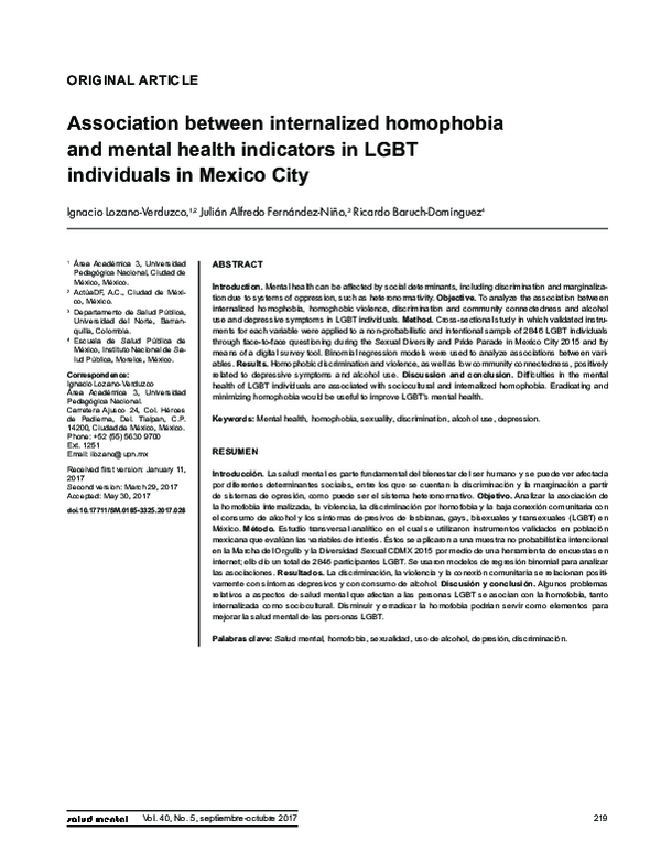 (PDF) Association between internalized homophobia and mental health ...