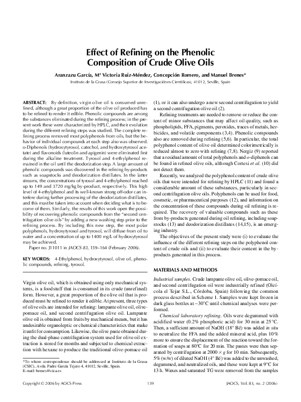 (PDF) Effect of refining on the phenolic composition of crude olive oils