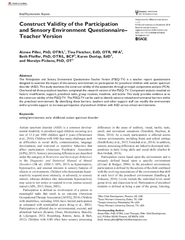 (PDF) Construct Validity of the Participation and Sensory Environment ...