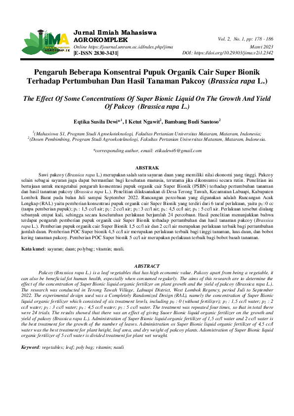 (PDF) Pengaruh Beberapa Konsentrai Pupuk Organik Cair Super Bionik Terhadap Pertumbuhan Dan ...