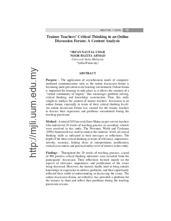 (PDF) Trainee Teachers’ Critical Thinking in an Online Discussion Forum: A Content Analysis