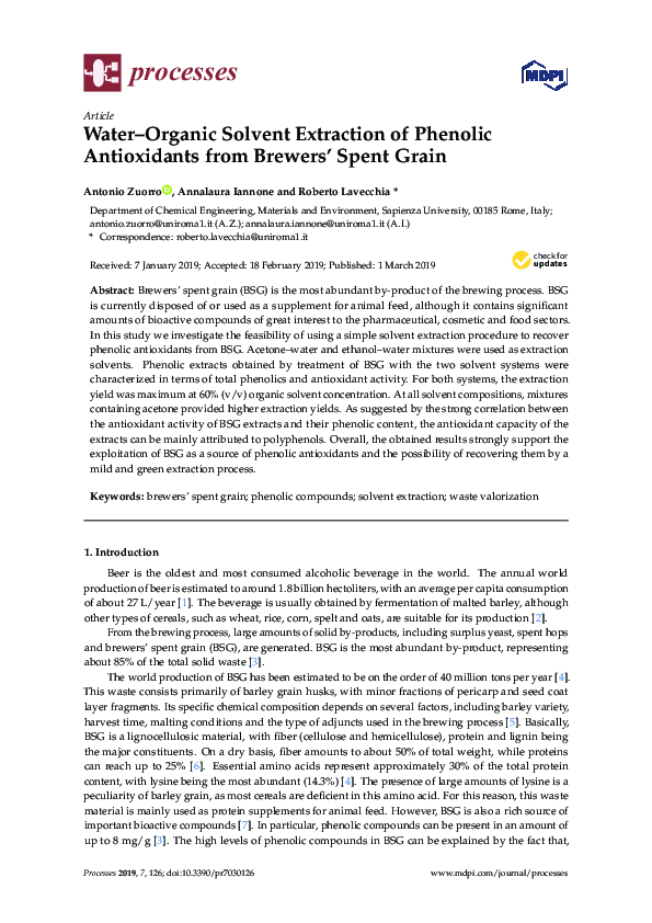 (PDF) Water–Organic Solvent Extraction of Phenolic Antioxidants from Brewers’ Spent Grain