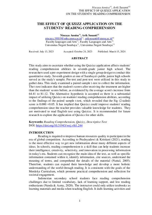 (PDF) Effect of Quizizz Application on the Students’ Reading Comprehension