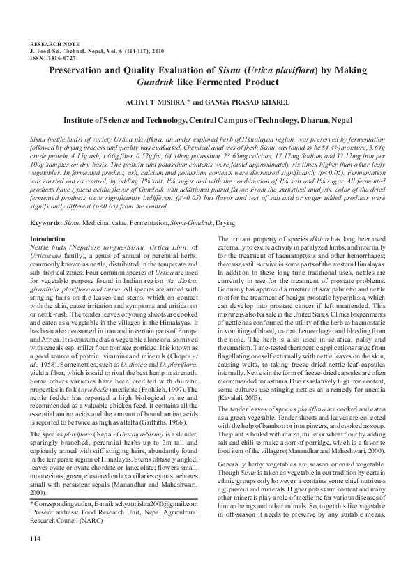 (PDF) Preservation and Quality Evaluation of Sisnu (Urtica plaviflora ...