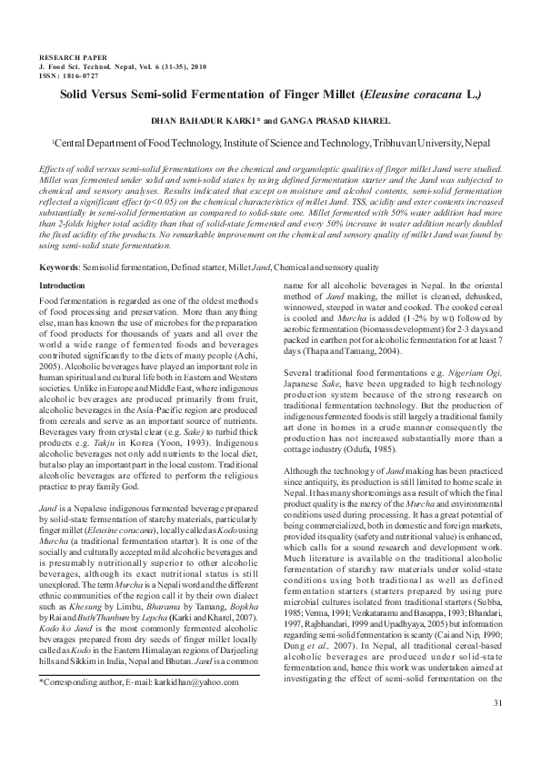 (PDF) Solid Versus Semi-solid Fermentation of Finger Millet (Eleusine coracana L.)