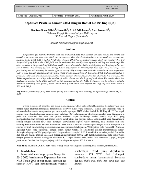 (PDF) Optimasi Produksi Sumur CBM dengan Radial Jet Drilling (RJD)