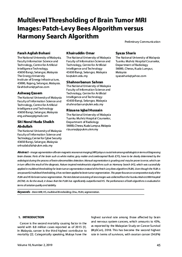 (PDF) Multilevel Thresholding of Brain Tumor MRI Images: Patch-Levy Bees Algorithm versus ...