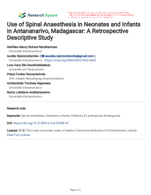(PDF) Use of Spinal Anaesthesia in Neonates and Infants in Antananarivo ...