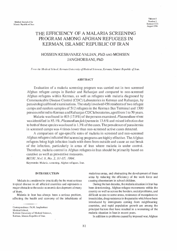 (PDF) The Efficiency of a Malaria Screening Program Among Afghan ...