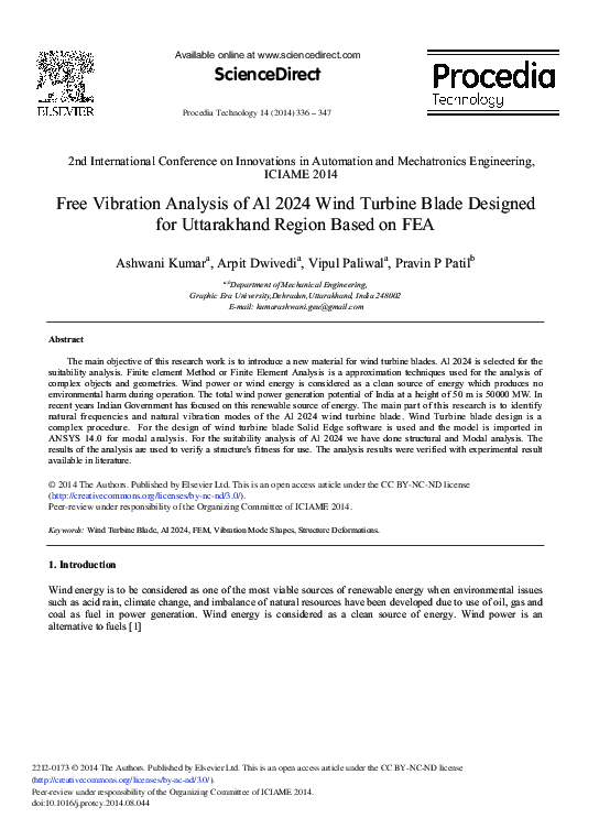 (PDF) Free Vibration Analysis of Al 2024 Wind Turbine Blade Designed ...
