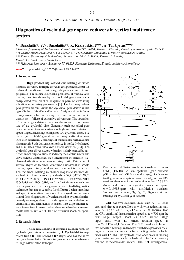 Diagnostics of Cycloidal Gear Speed Reducers in Vertical MultiRotor Sysem