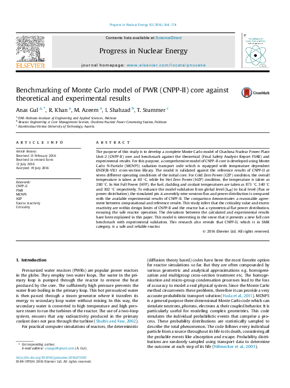 (PDF) Benchmarking of Monte Carlo model of PWR (CNPP-II) core against theoretical and ...