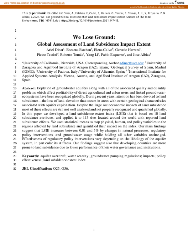 (PDF) We lose ground: Global assessment of land subsidence impact extent