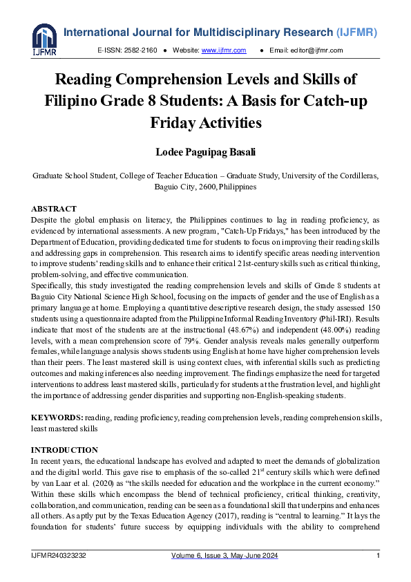 (PDF) Reading Comprehension Levels and Skills of Filipino Grade 8 ...
