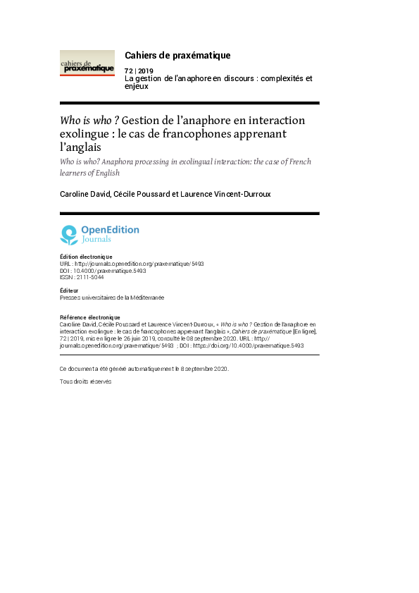 (PDF) Who is who ? Gestion de l’anaphore en interaction exolingue : le ...