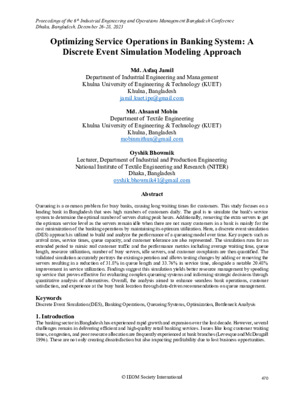 (PDF) Optimizing Service Operations in Banking System: A Discrete Event Simulation Modeling Approach