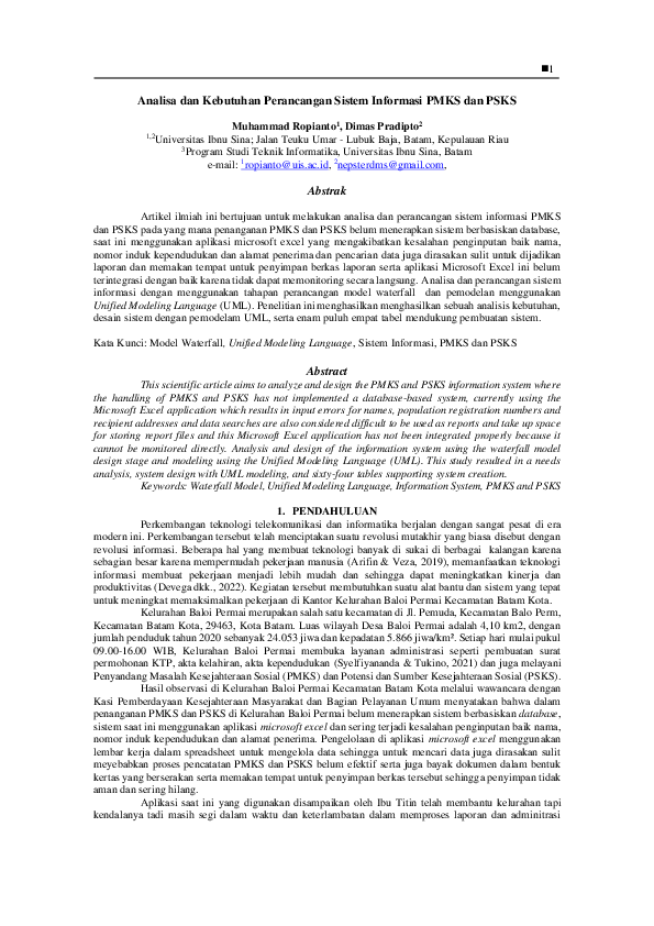 (PDF) Analisa dan Kebutuhan Perancangan Sistem Informasi PMKS dan PSKS