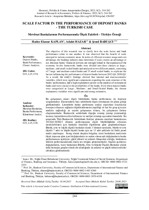(PDF) Scale Factor in the Performance of Deposit Banks - Turkey Case