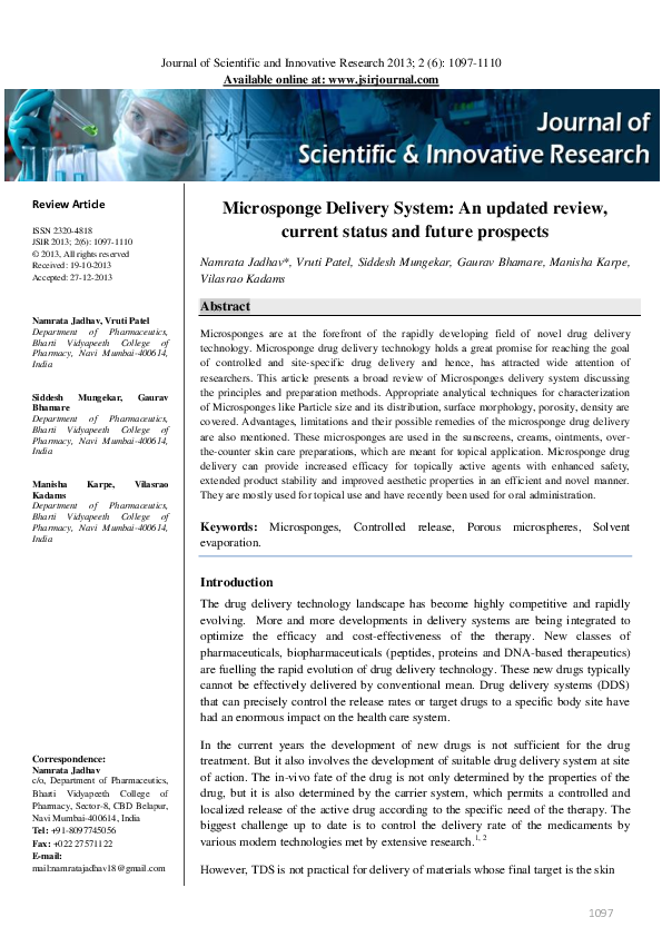 (PDF) Microsponge Delivery System: An Updated Review, Current Status ...