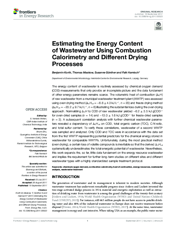 (PDF) Estimating the Energy Content of Wastewater Using Combustion ...
