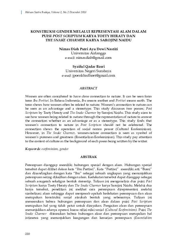 (PDF) Konstruksi Gender Melalui Representasi Alam Dalam Puisi Post Scriptum Karya Toety Heraty ...