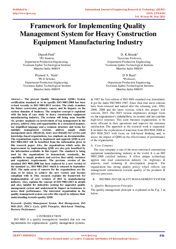 (PDF) Framework for Implementing Quality Management System for Heavy Construction Equipment ...
