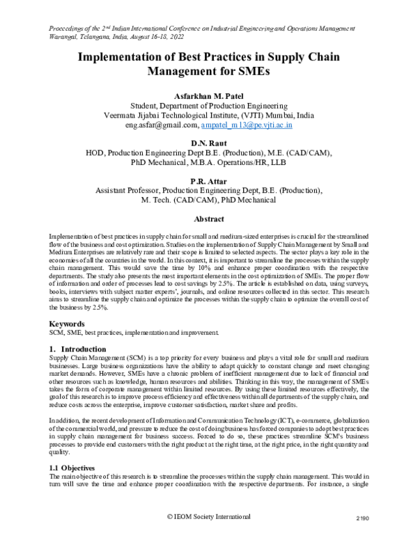 (PDF) Implementation of Best Practices in Supply Chain Management for SMEs