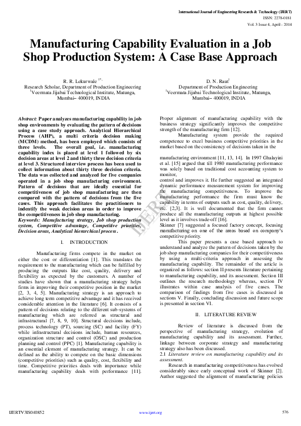 (PDF) Manufacturing Capability Evaluation in a Job Shop Production ...