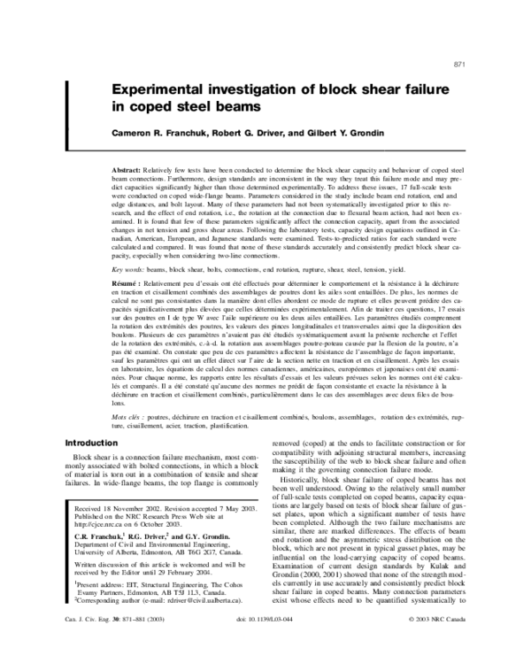 Experimental investigation of block shear failure in coped steel beams