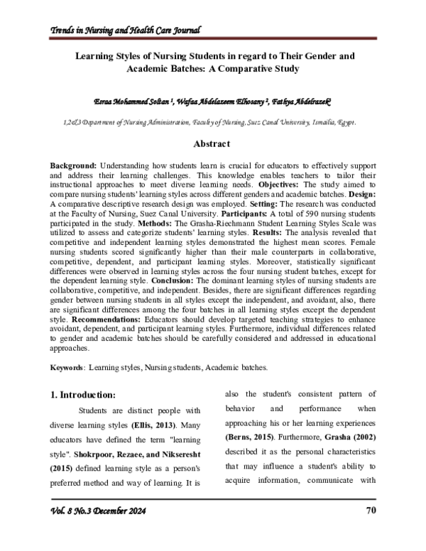 (PDF) Learning Styles of Nursing Students in regard to Their Gender and ...