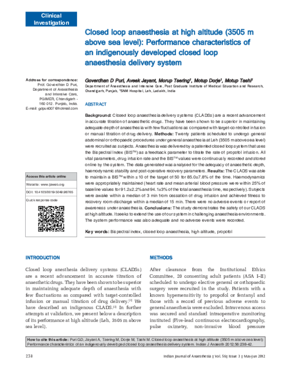 (PDF) Closed loop anaesthesia at high altitude (3505 m above sea level ...