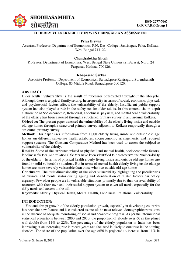 (PDF) ELDERLY VULNERABILITY IN WEST BENGAL: AN ASSESSMENT