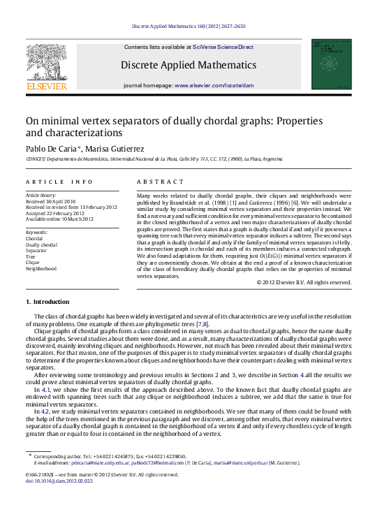 (PDF) On minimal vertex separators of dually chordal graphs: Properties and characterizations