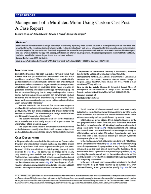 (PDF) Management of a Mutilated Molar Using Custom Cast Post: A Case Report