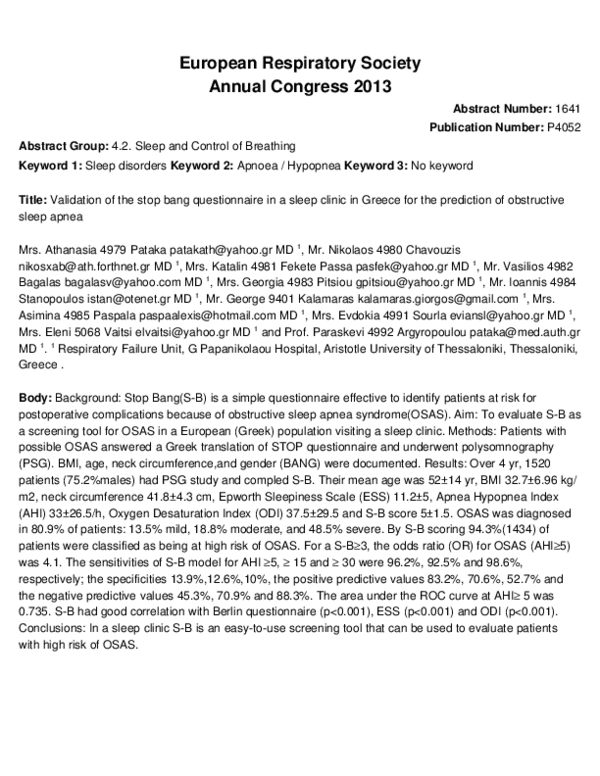 (PDF) Validation of the stop bang questionnaire in a sleep clinic in ...
